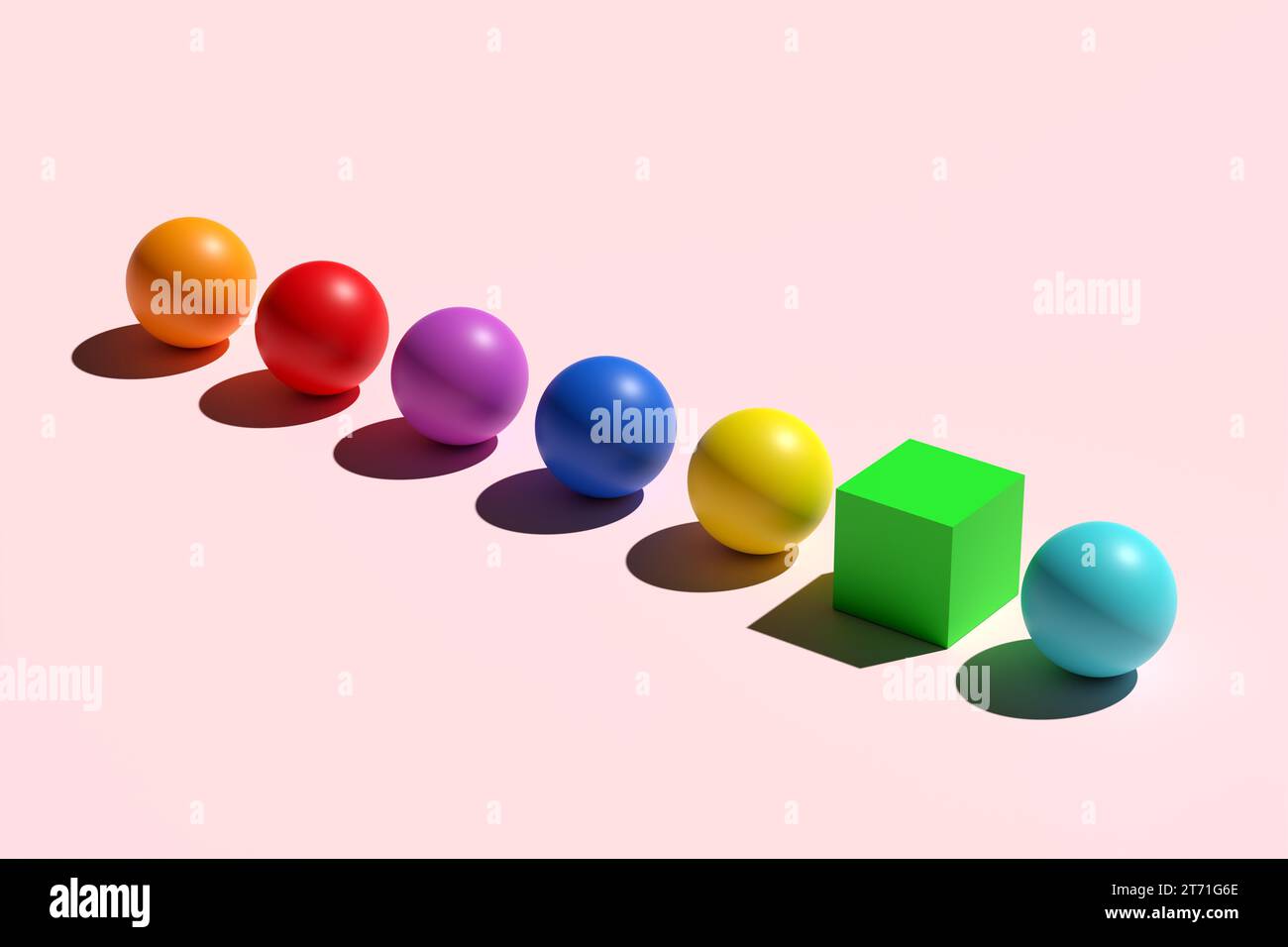 One cube stands in the row of colorful spheres. Conceptual image of ...