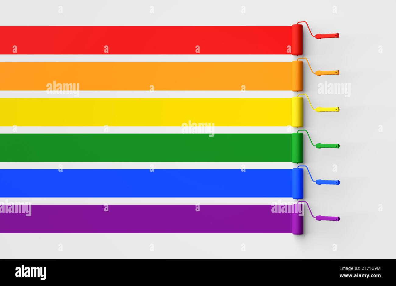 Paint roller brushes painting rainbow flag colors on a white wall ...