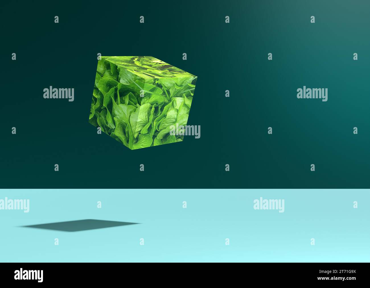 A cube of lettuce leaves levitating against green background. Abstract ...