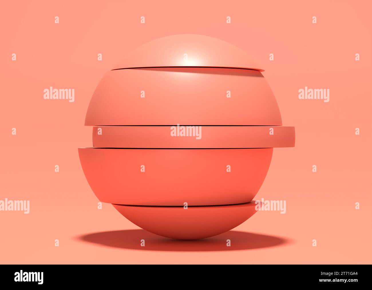 Abstract blue geometric sphere sliced into layered pieces on light pink ...