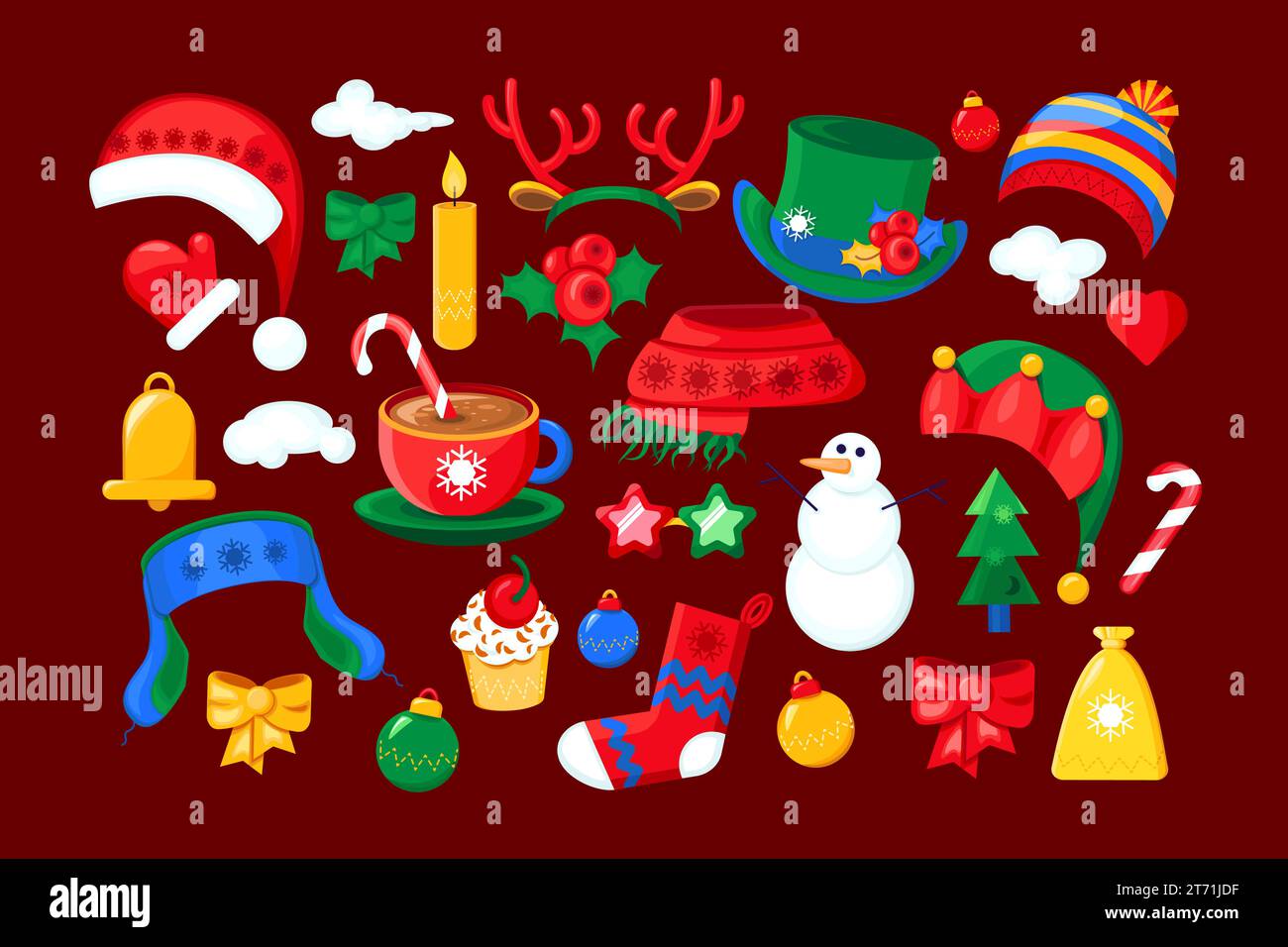 Cartoon Style Christmas items collection. Winter Xmas symbols. Festive ...