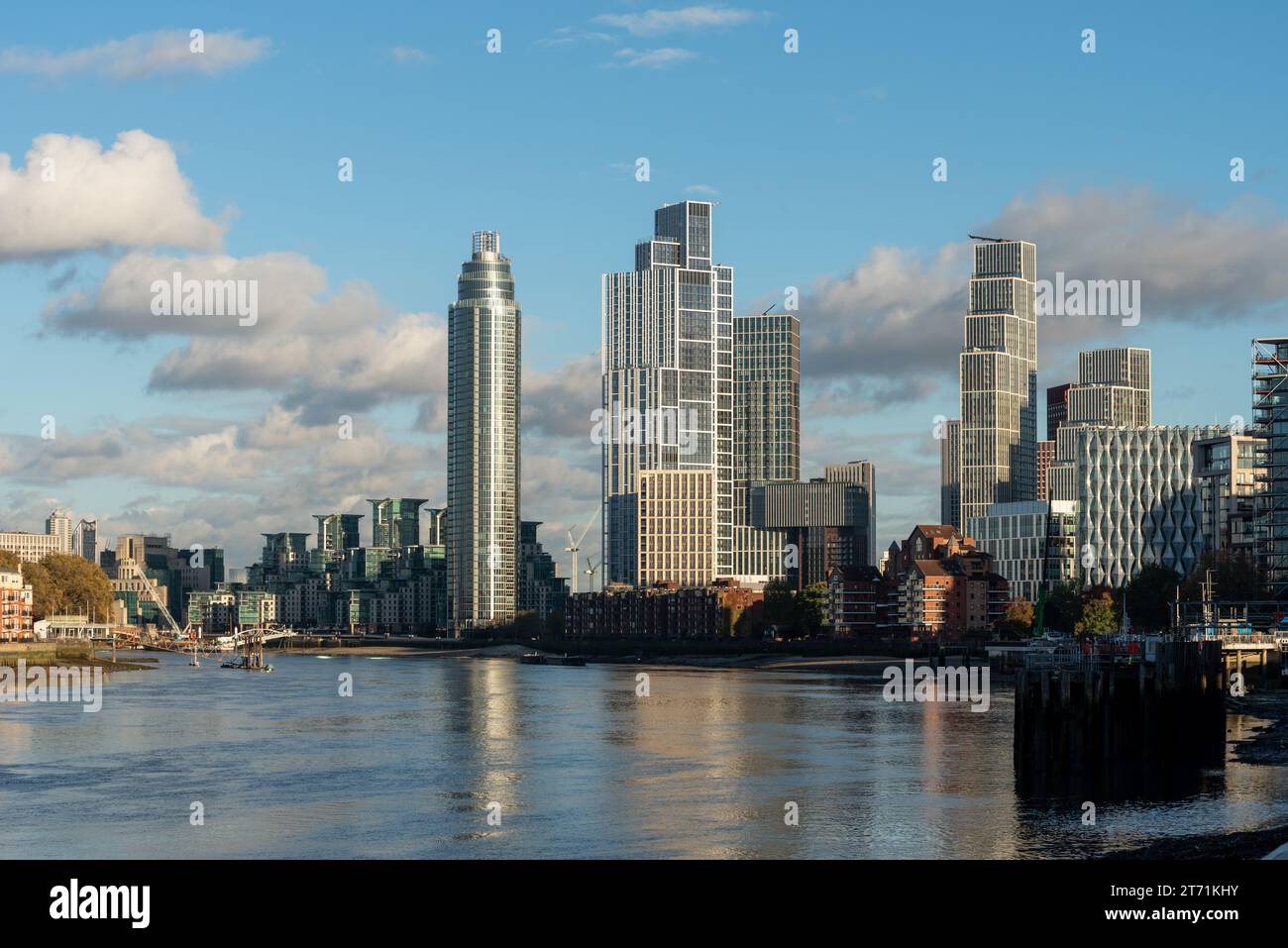 Cityscape of tall buildings on the edge of the river Thames in the ...