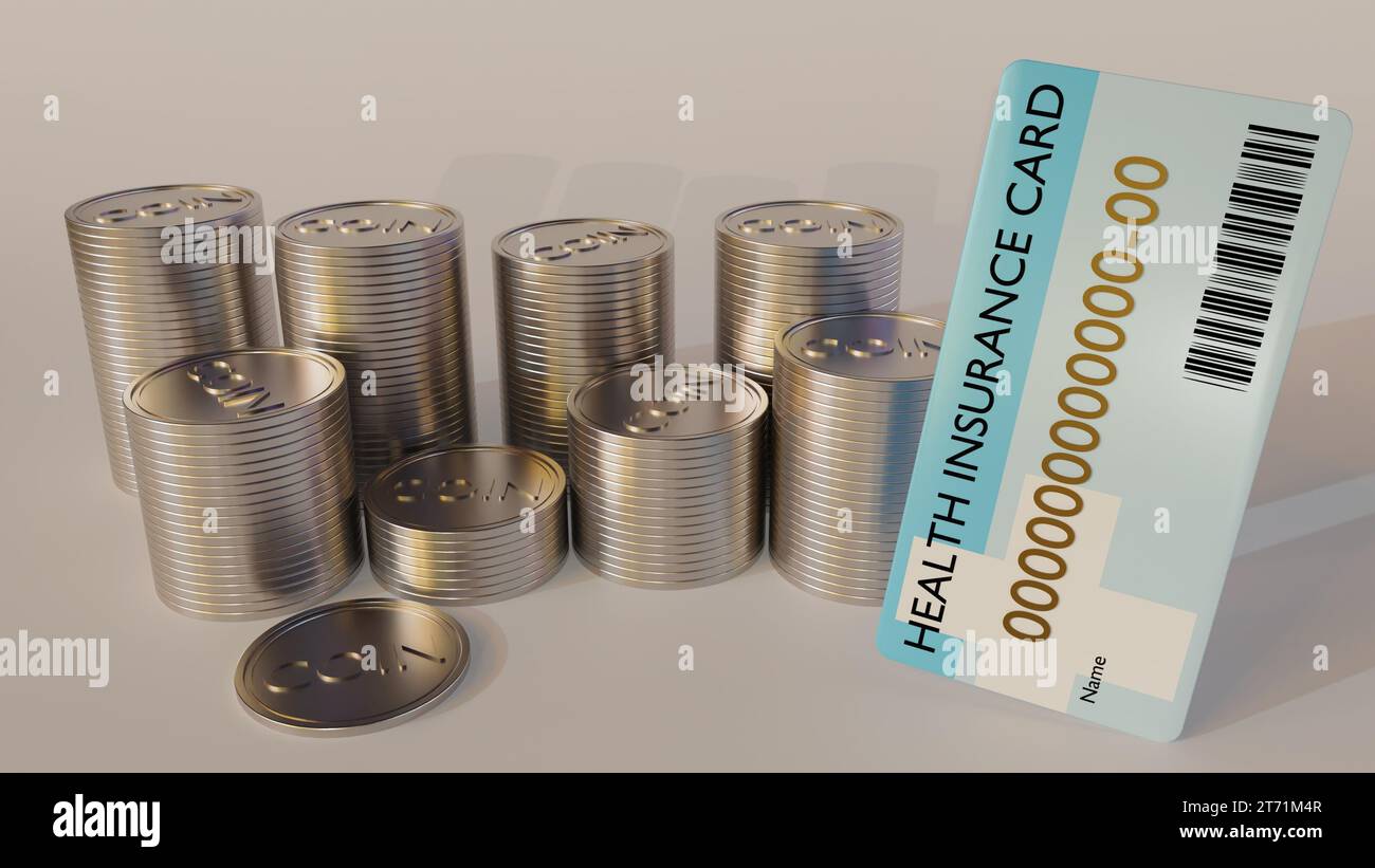 A health insurance card resting atop a pile of coins, rendered in 3D on ...