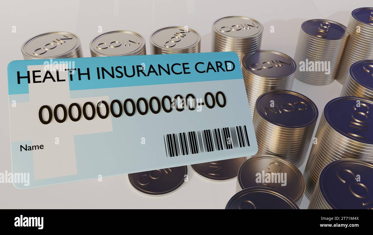 A health insurance card resting atop a pile of coins, rendered in 3D on ...