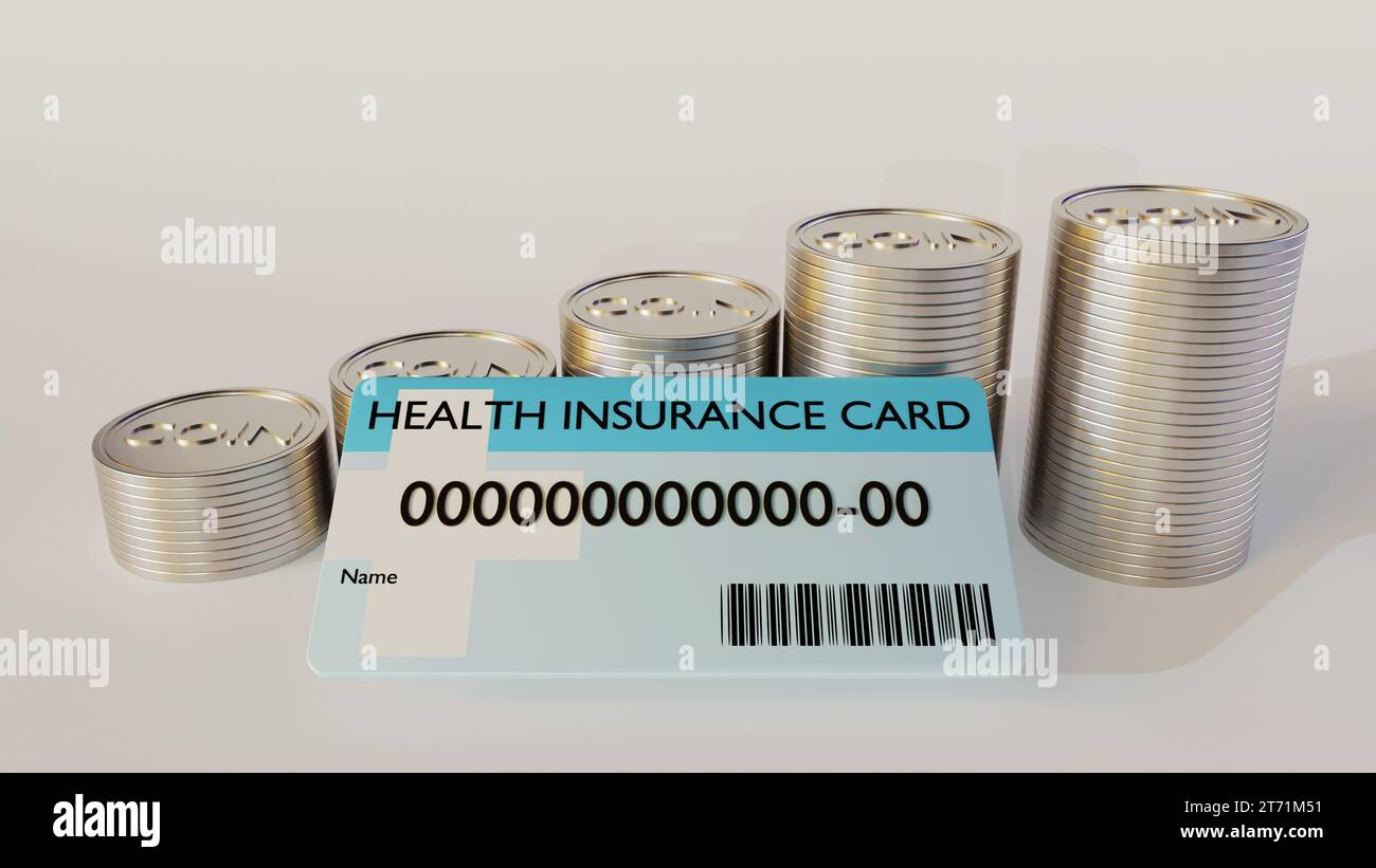 A health insurance card resting atop a pile of coins, rendered in 3D on ...