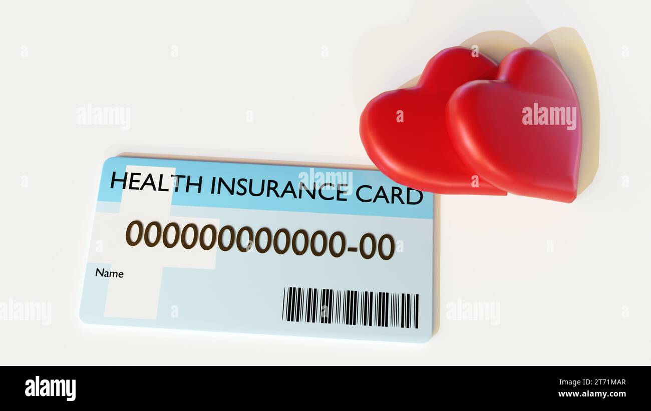 A 3D rendering of a red heart shape with a health insurance card on a ...