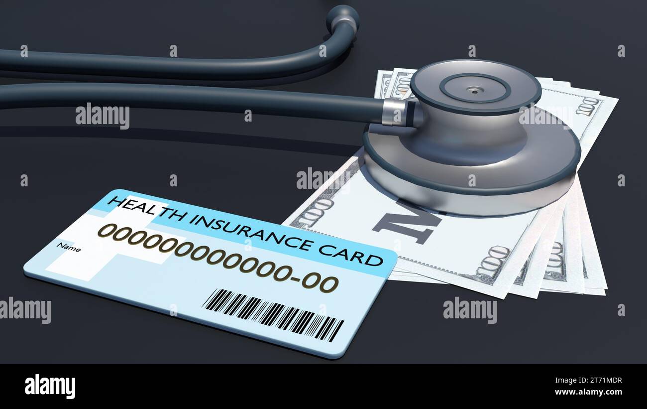 A 3D rendering of a health insurance card, a stethoscope, and scattered ...
