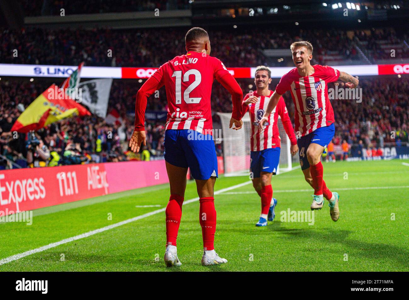 Samuel Lino (L) seen celebrating a goal with Pablo Barrios (R) and ...