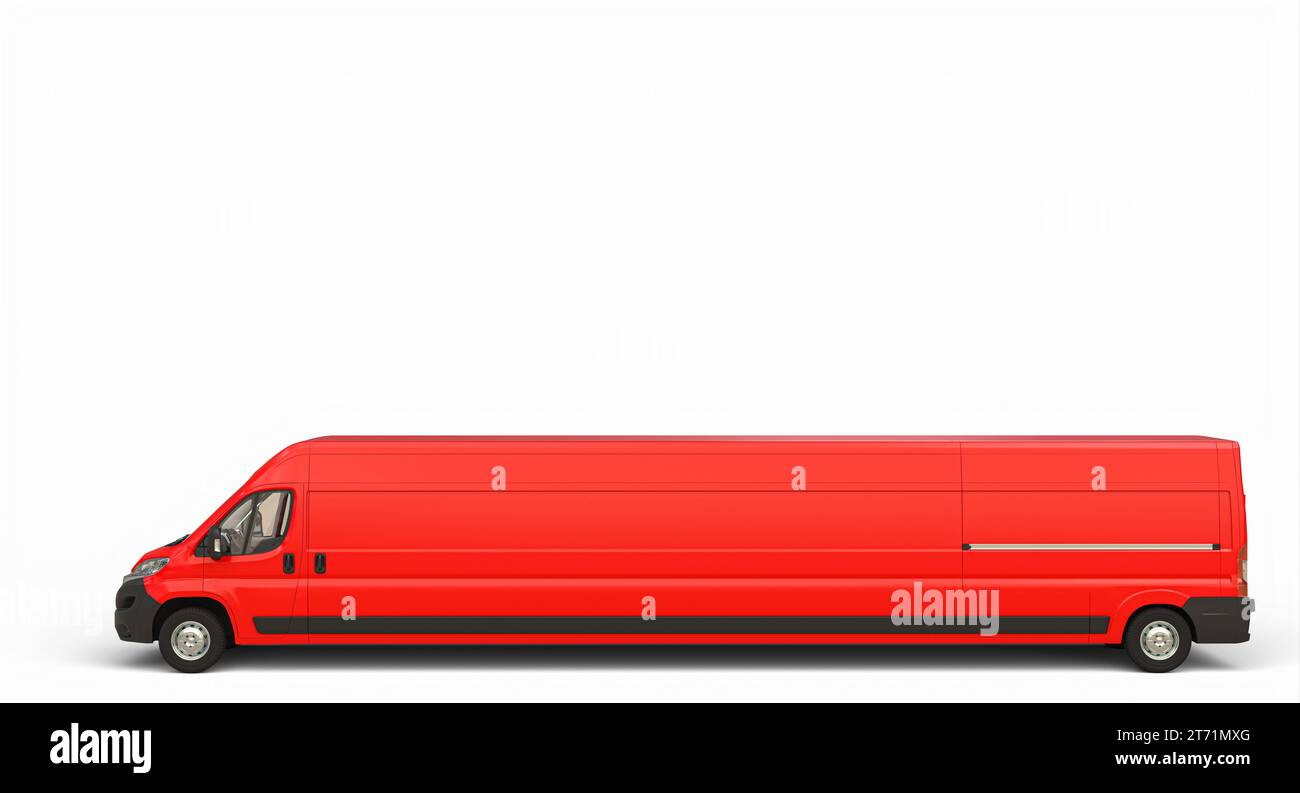 very long red van on a white background. 3d render Stock Photo - Alamy
