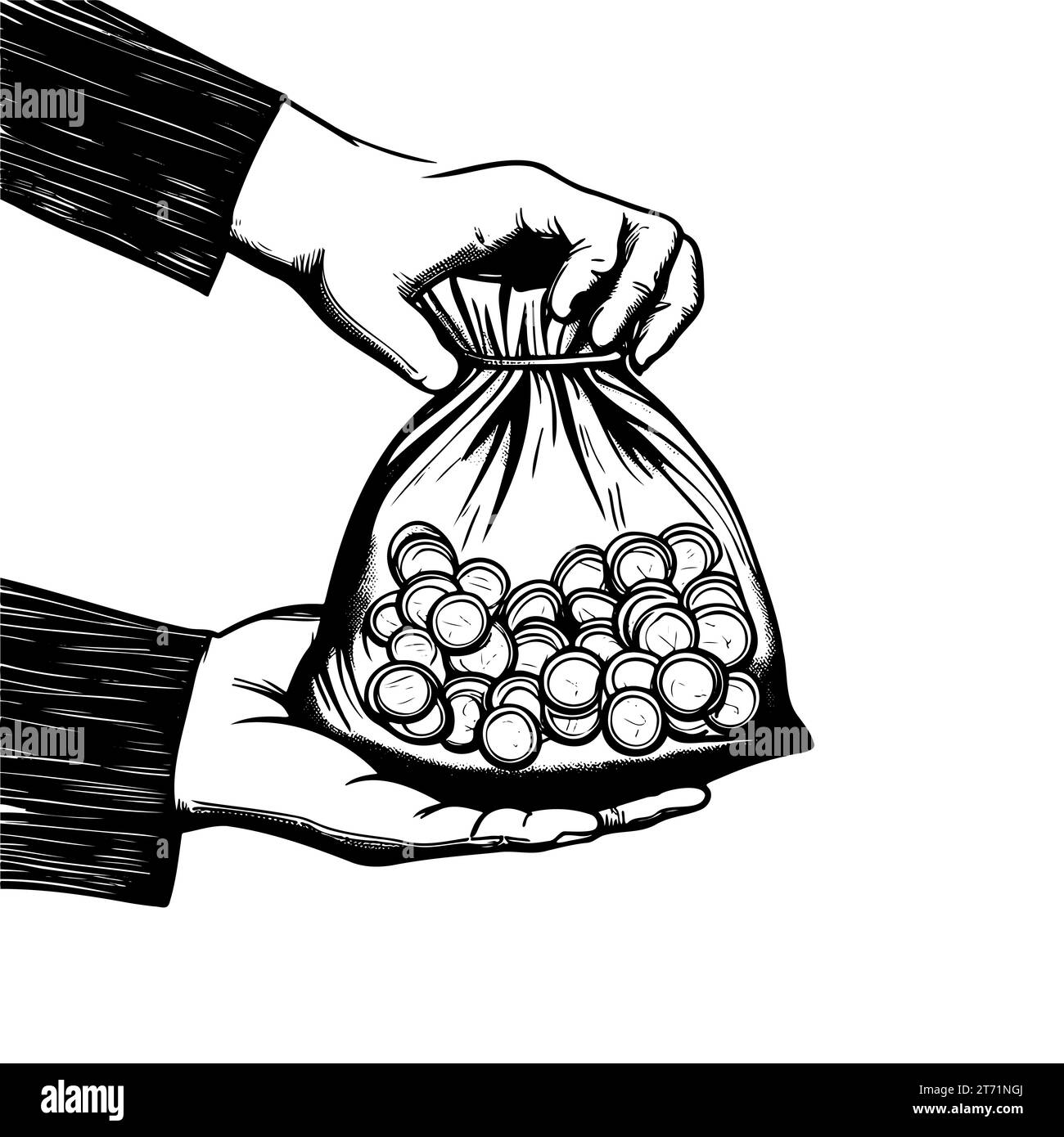 Sketch Money in bag coins dollars coins, isolated on white background ...