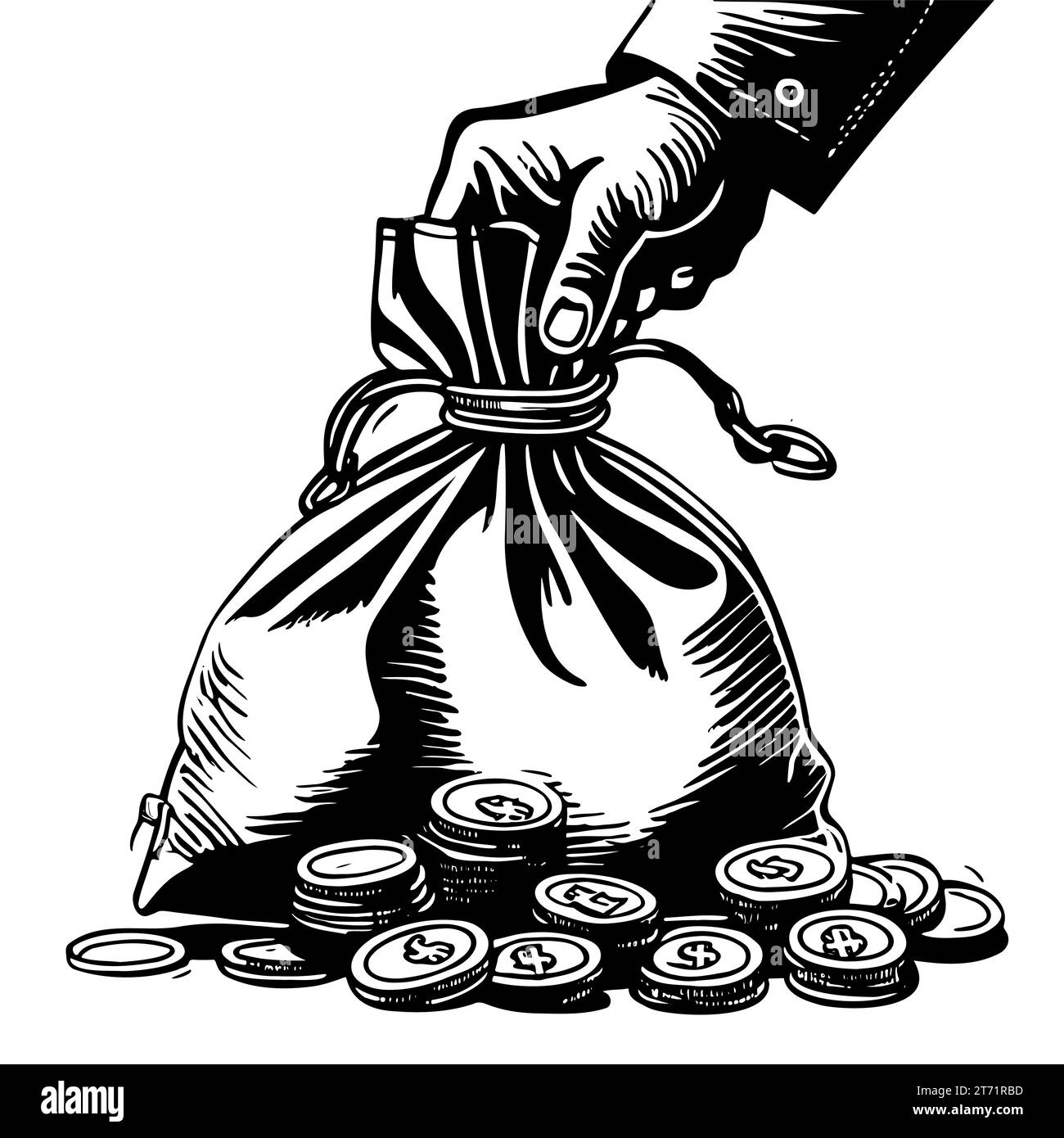 Sketch hand holding money in bag. Bag gold coins, concept saving or ...