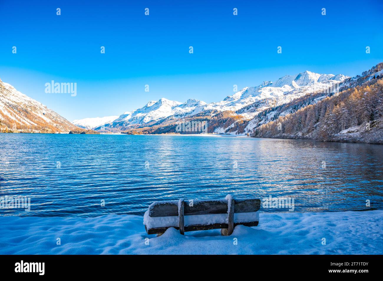 Engadine, Switzerland, Sils Maria lake, the village of Isola and the ...