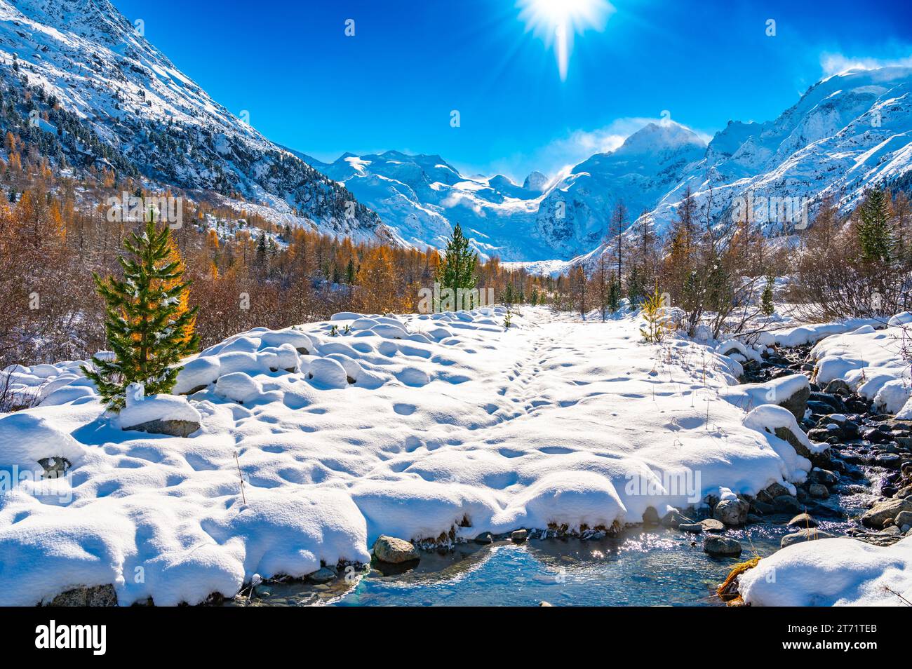 A close-up view of the Morteratsch glacier in winter, Engadin ...