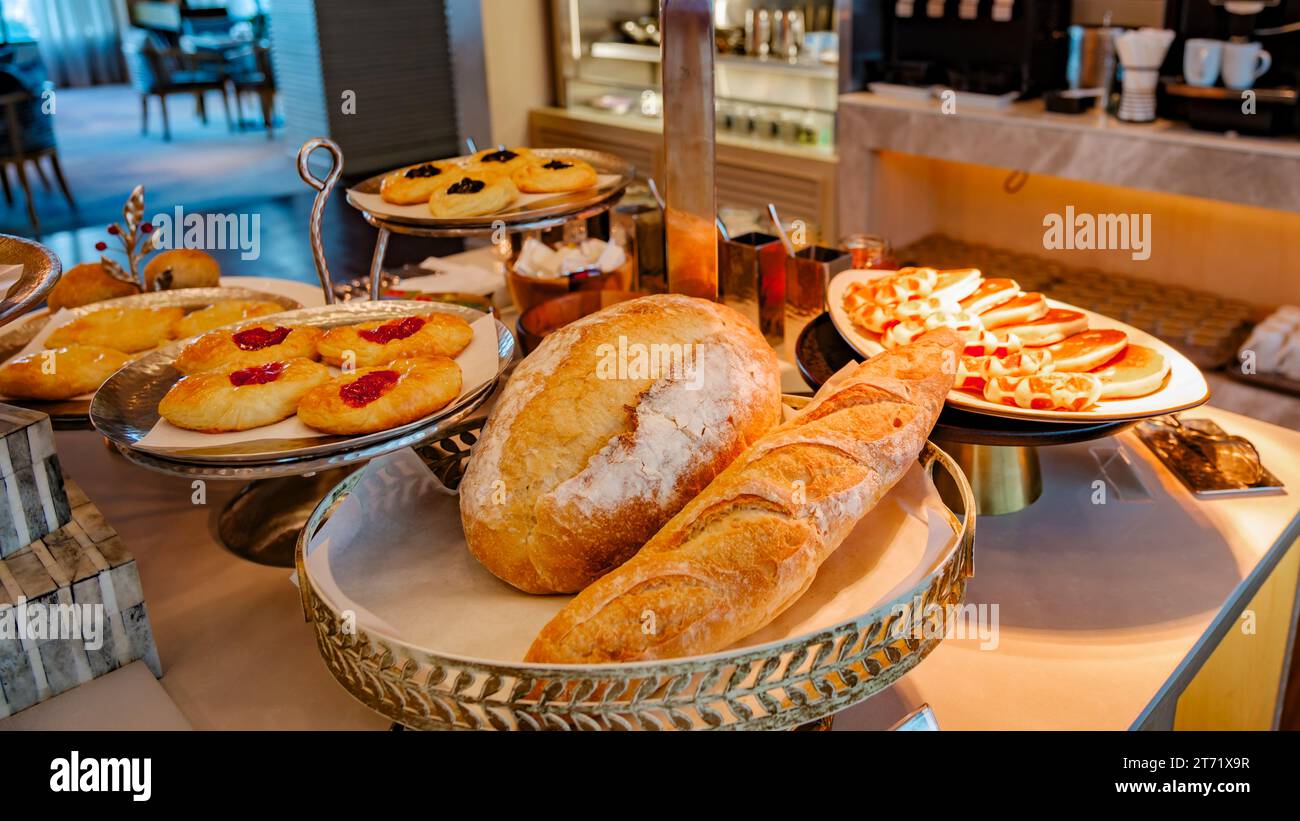 breakfast buffet in a luxury hotel in Thailand, sweets and bread at a ...