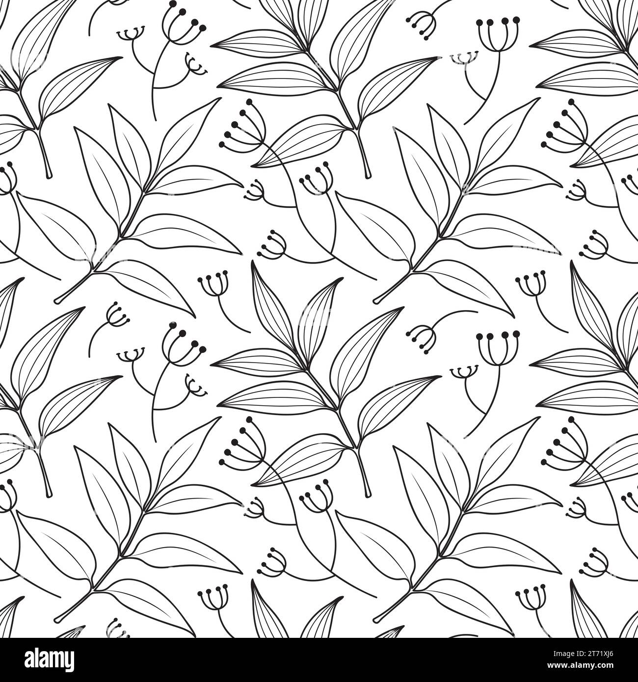 Vector seamless pattern with twig leaves, flowers. Line art black leaf ...