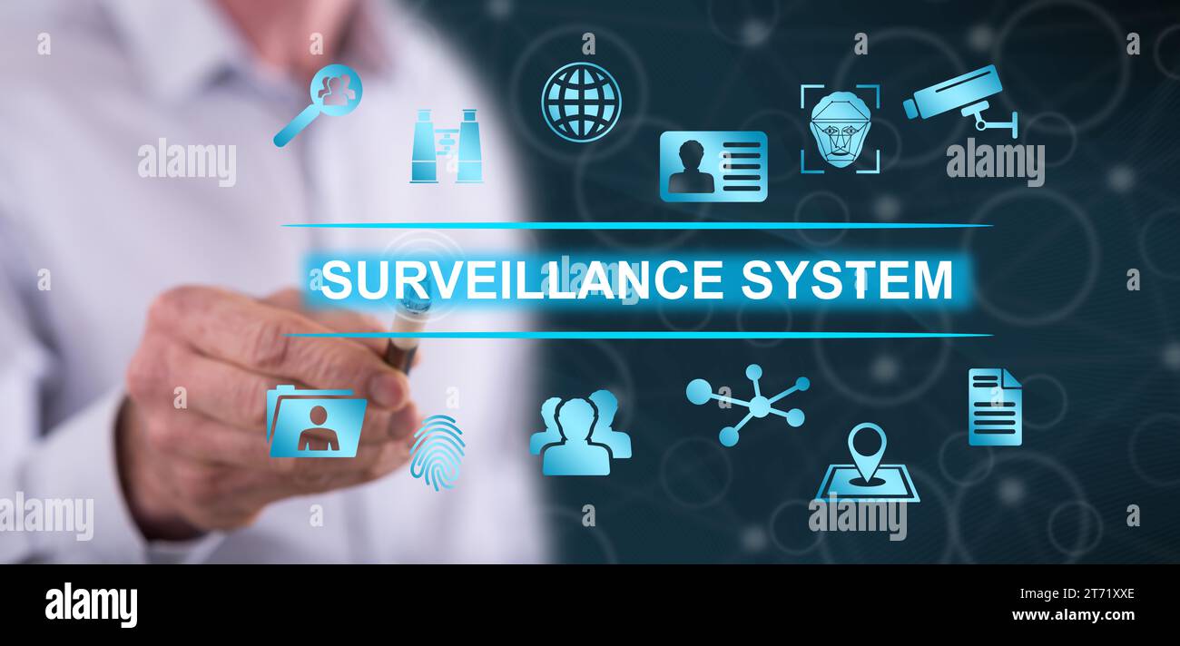 Man touching a surveillance system concept on a touch screen with a pen ...