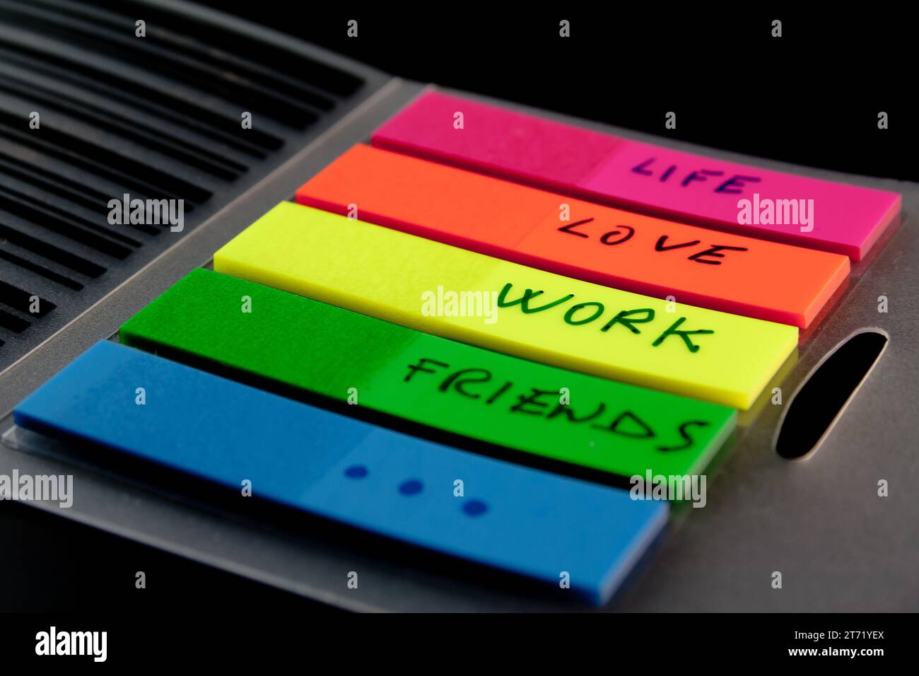 detail of a post-it with write the words life love work friends; detail ...