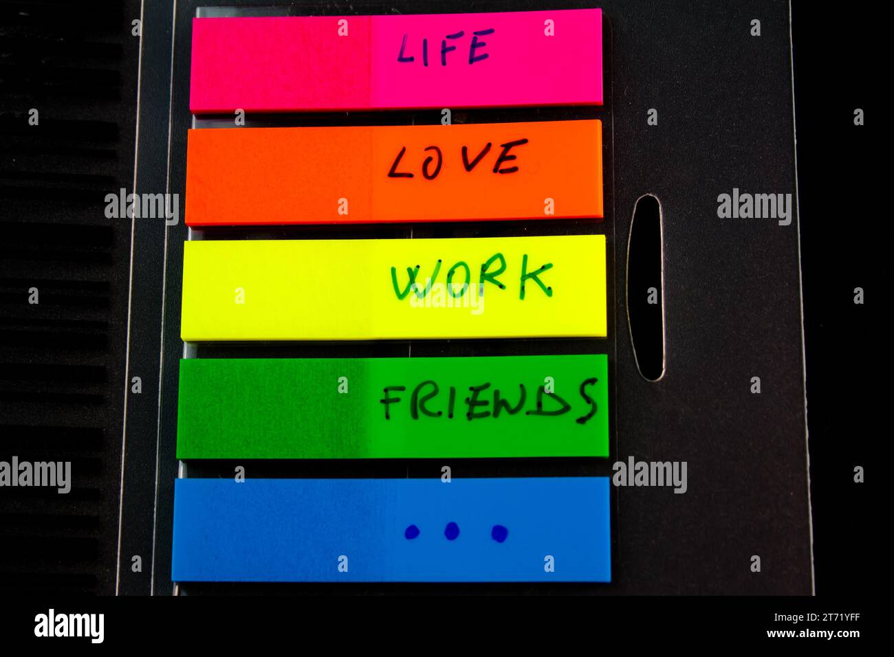 detail of a post-it with write the words life love work friends; detail ...