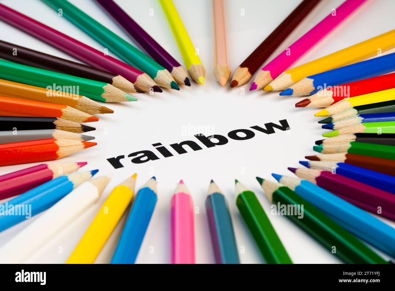 Detail view of many colored pencils arranged in circle on the word rainbow; Detail view of many ...