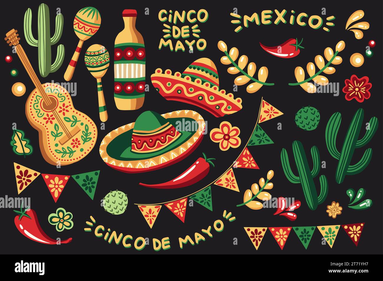 Mexican Cinco De Mayo Holiday Traditional Symbols Vector Collection of ...