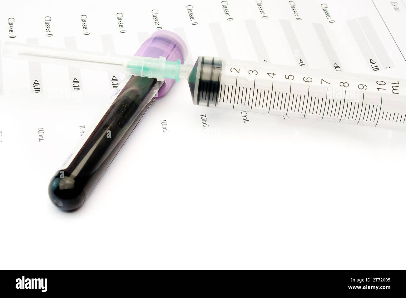 test tubes with blood and injection on top of lab test results Stock ...