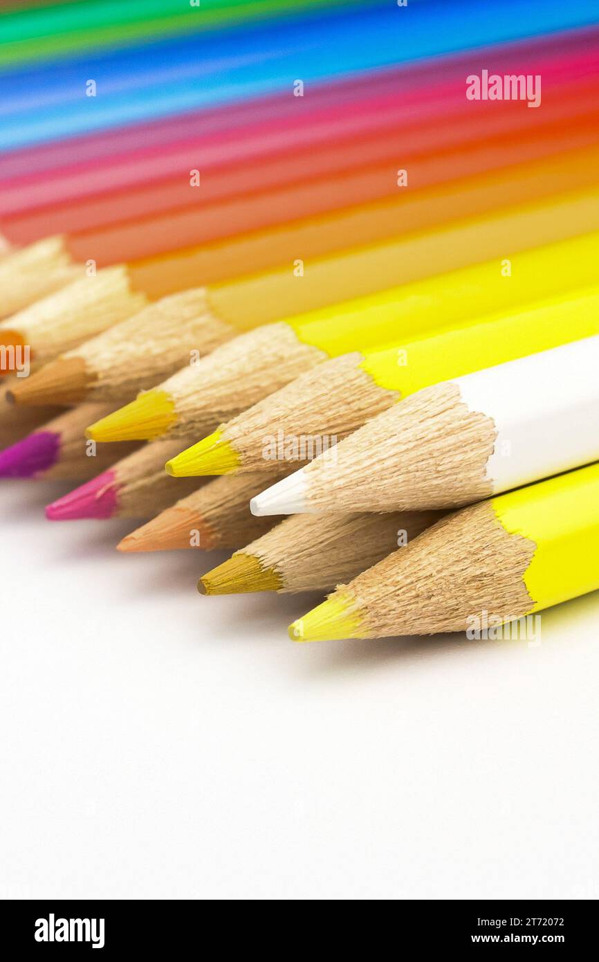 detail view of many colored pencils on white background Stock Photo - Alamy