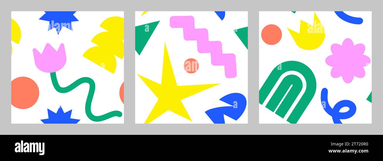 Cool Brutalism Seamless pattern set. Naive playful color shapes in ...