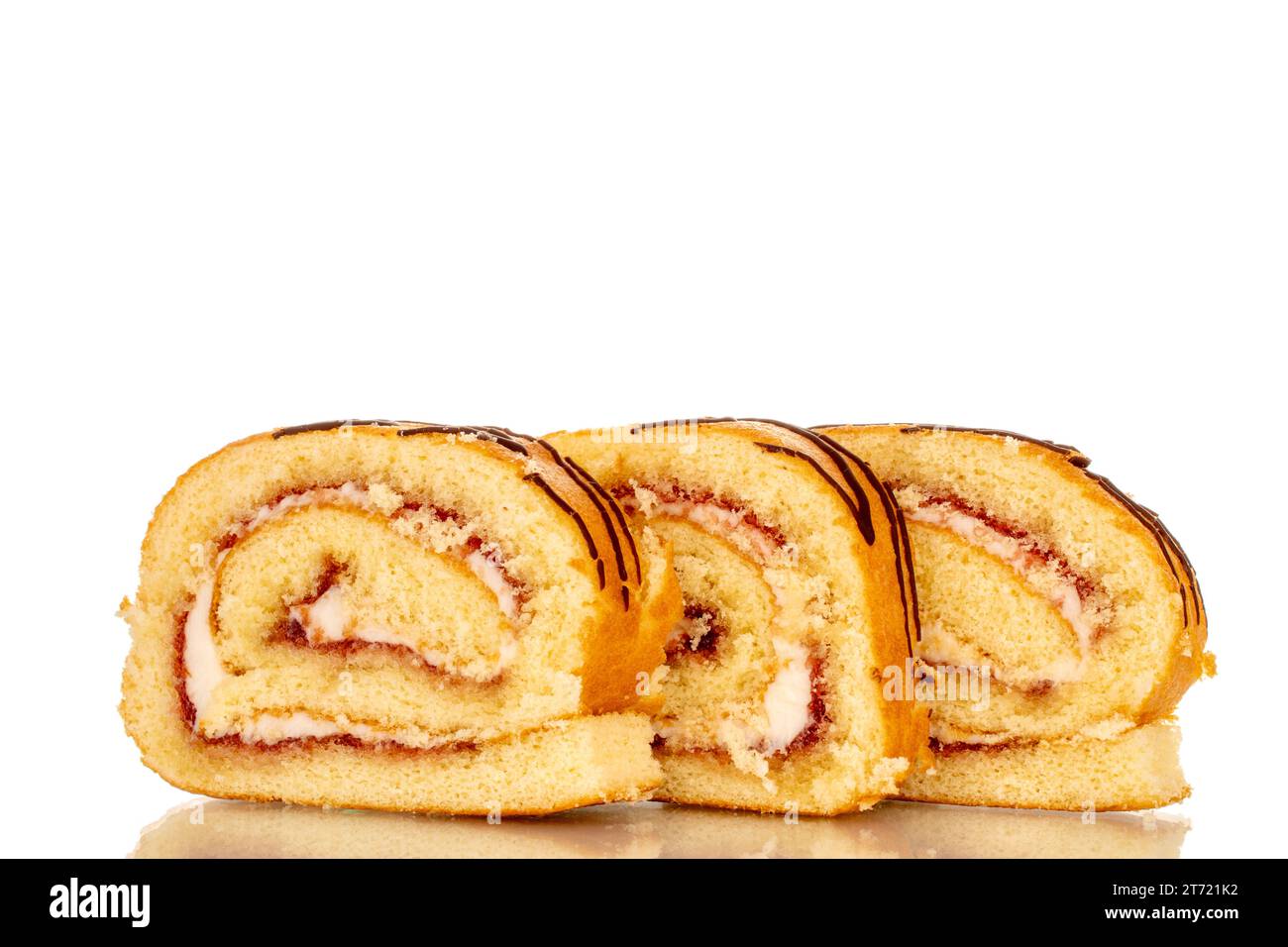 Three pieces of delicious cherry roll, macro, isolated on white ...