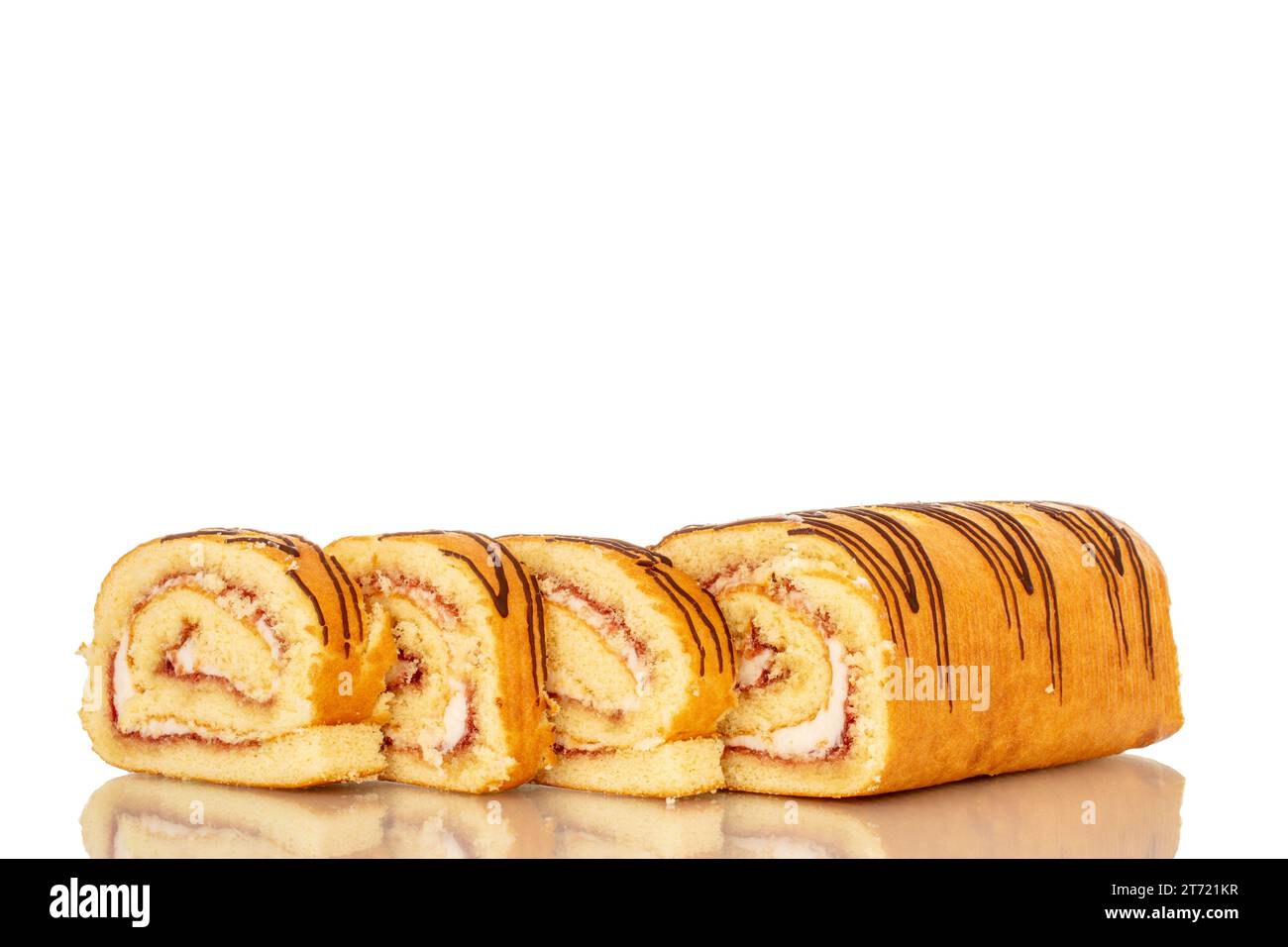 One delicious cherry roll cut into slices, macro, isolated on white ...