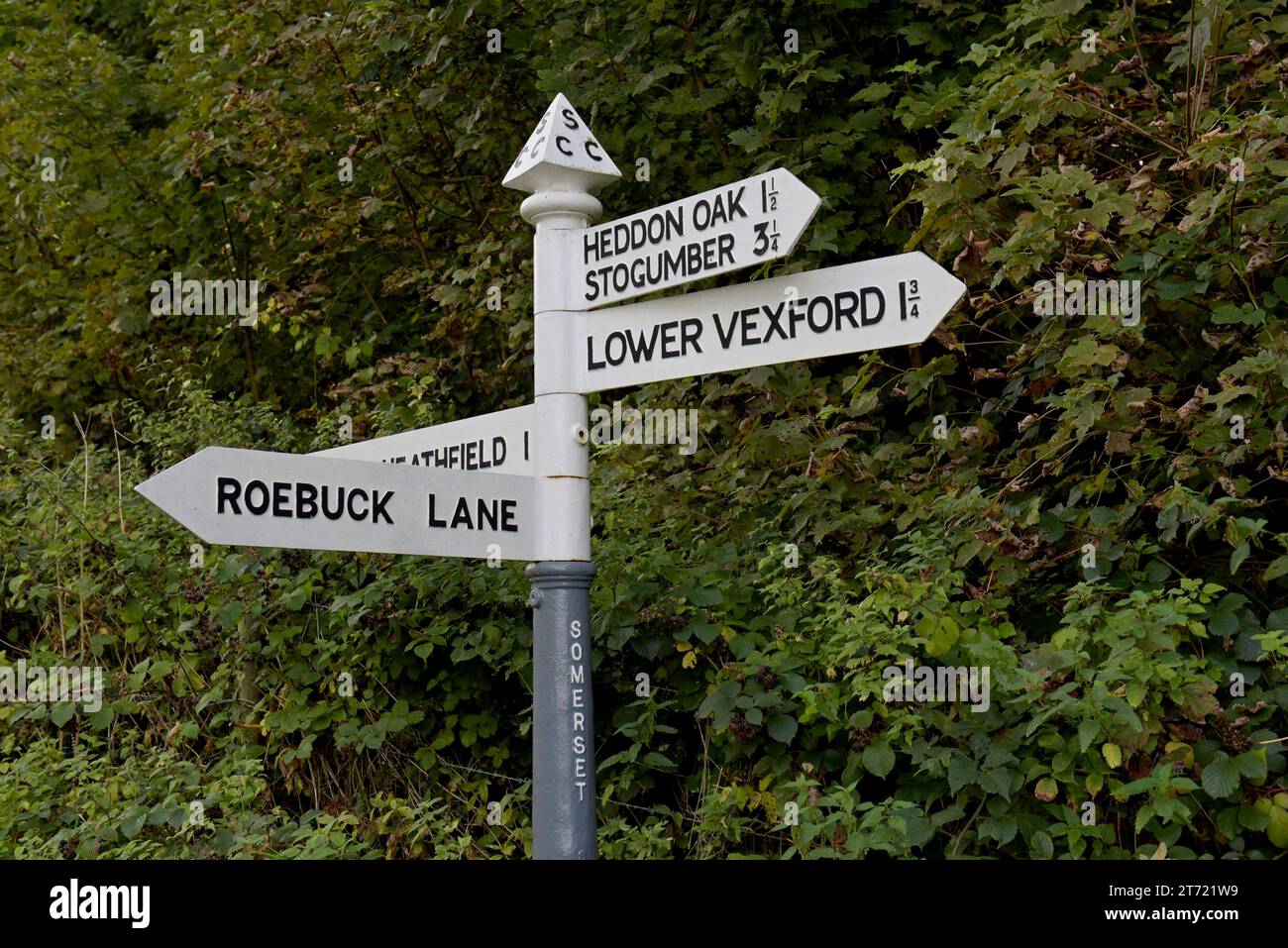 Historic road sign fingerpost in Exmoor, North Somerset, UK, September ...