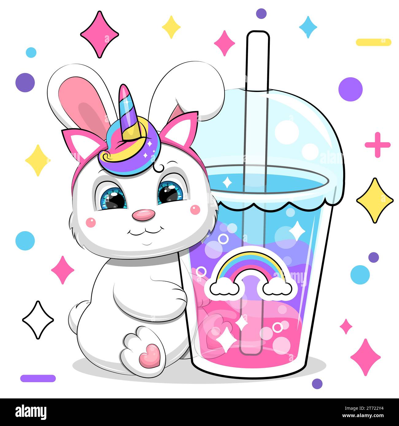 Cute cartoon white rabbit and rainbow drink. Vector illustration of ...