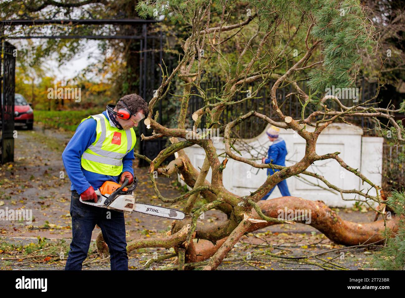 A man using a chainsaw cuts a fallen tree on the Dublin Road in Dundalk ...