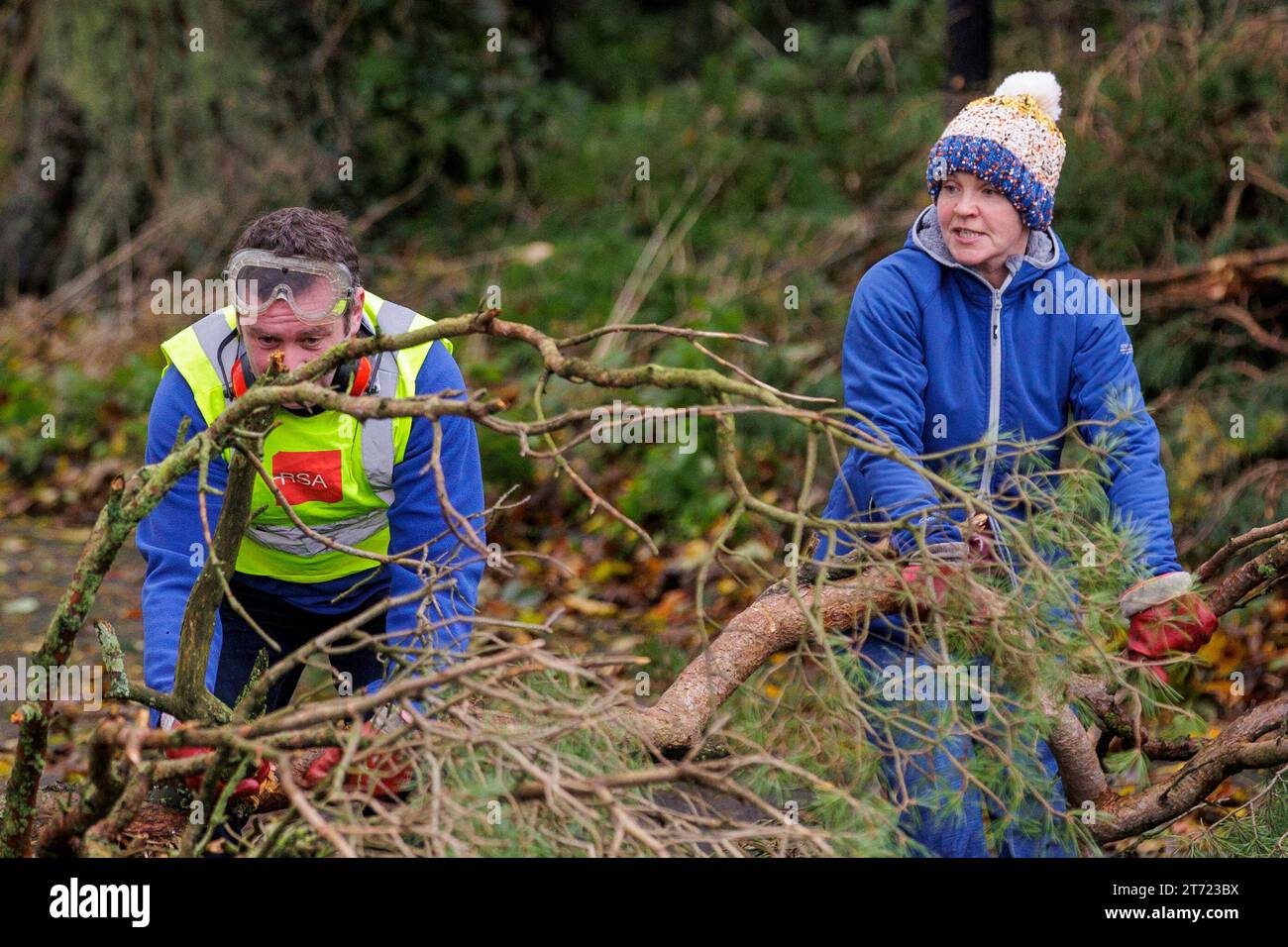 A man and a woman clear a fallen tree on the Dublin Road in Dundalk, Co ...