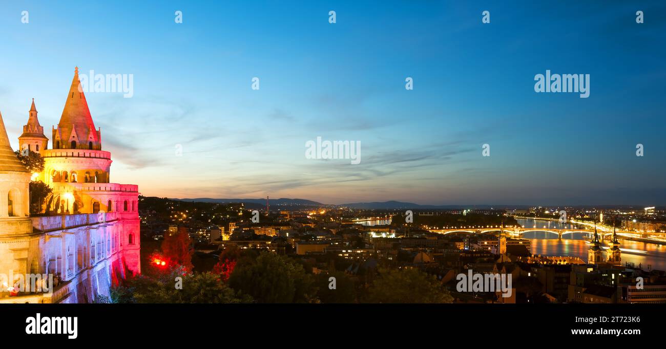 Panoramic Budapest night view featuring Fishermen's bastion Stock Photo ...