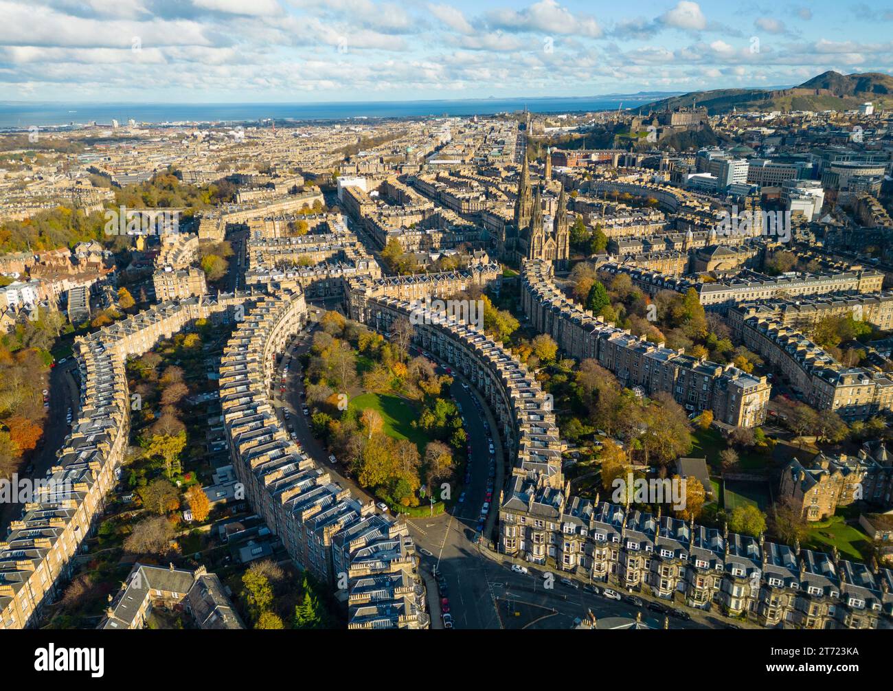 Aerial view in autumn of streets and housing in the West End of ...
