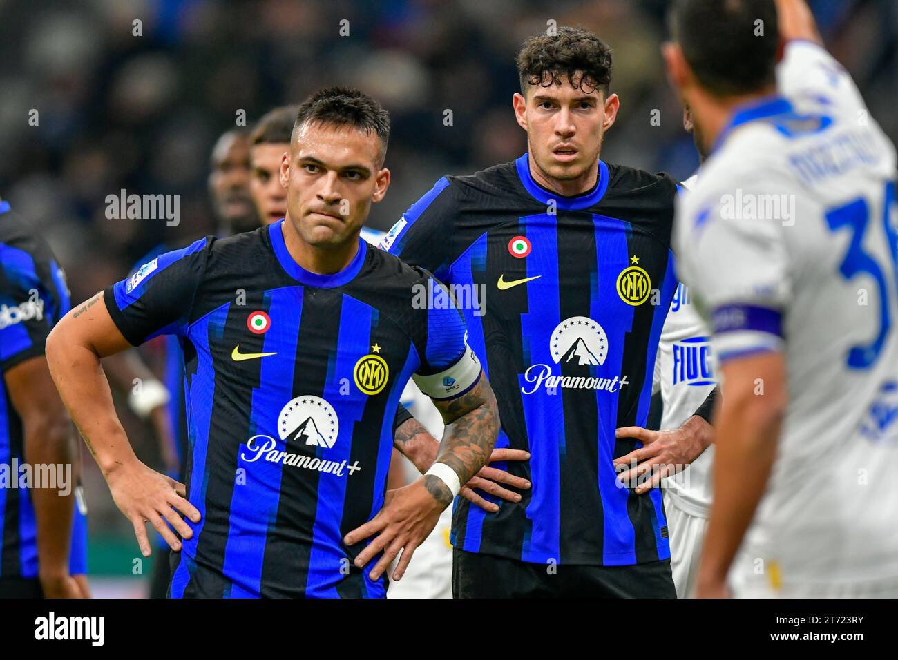 Milano, Italy. 12th Nov, 2023. Alessandro Bastoni (R) and Lautaro Martinez (L) of Inter seen ...