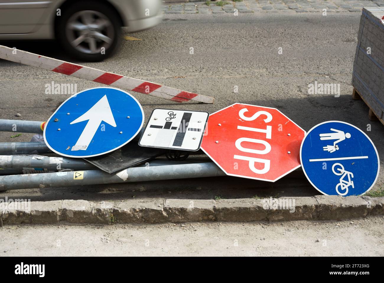 Downfallen road signs Stock Photo - Alamy