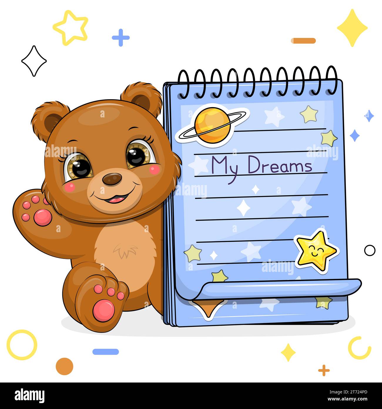 A cute cartoon brown bear with a blue notebook with stickers. Vector ...