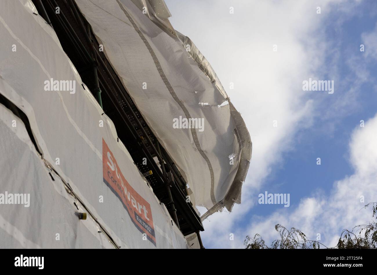 A scaffolding covering buffeted in the wind in Dublin as Storm Debi ...