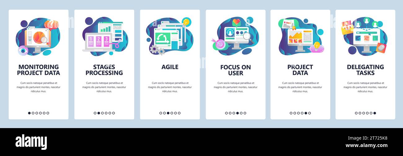 Web site onboarding screens. Business project development, monitoring ...