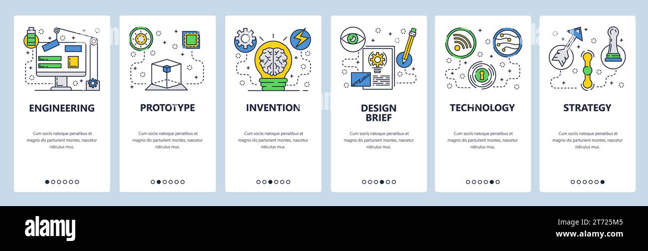 Web site onboarding screens. Engineering, construction and innovation technology. Menu vector ...
