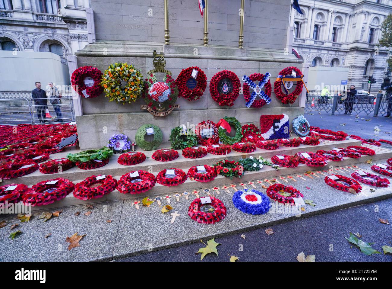 London, UK. 13 November 2023. Memorial wreaths surround the Cenotaph ...
