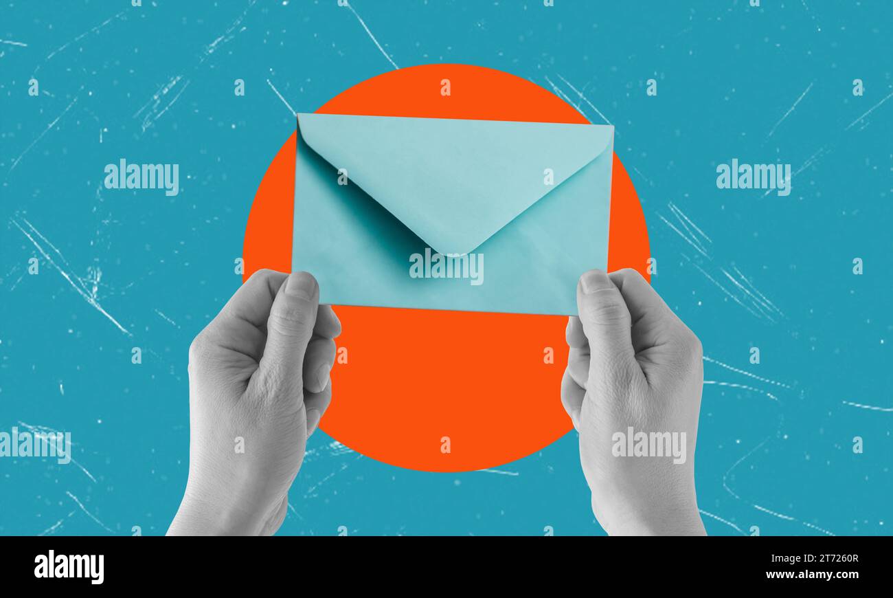 Poster banner collage hand holding new message blue letter. Concept of ...