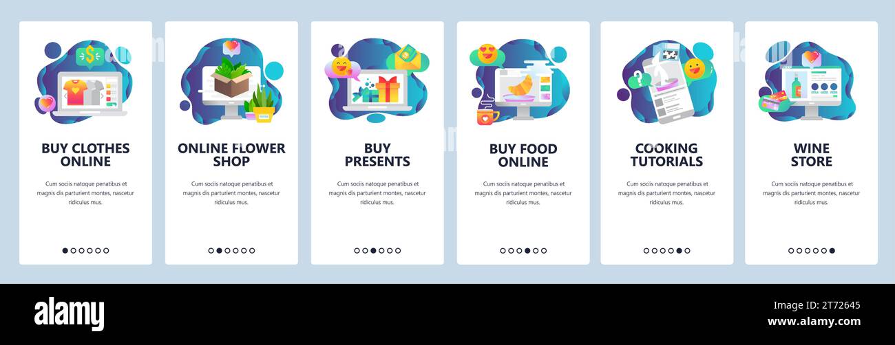 Web site onboarding screens. Online shopping. Clothes, food, wine and ...