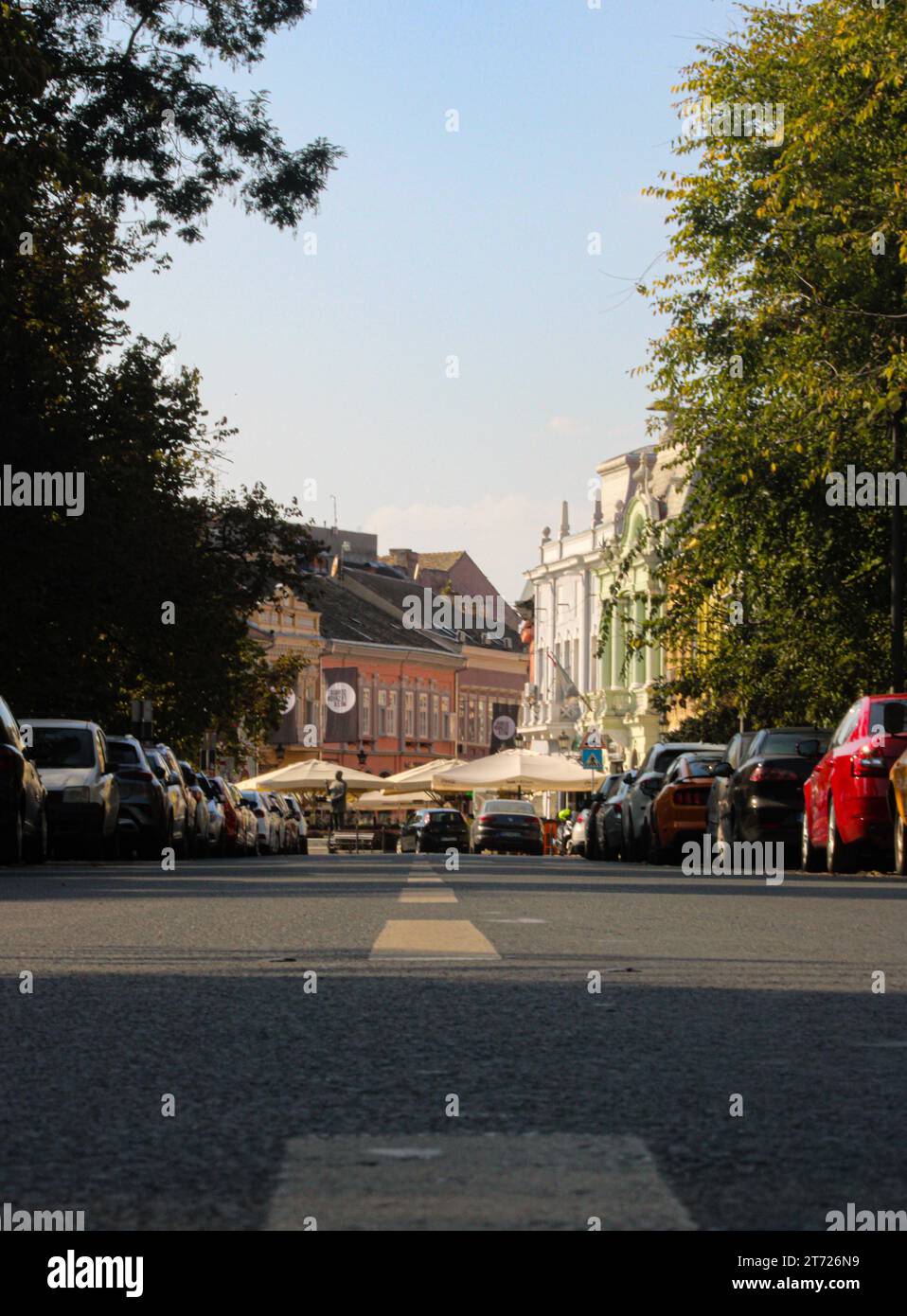 A bustling urban street scene with a row of parked cars on both sides ...