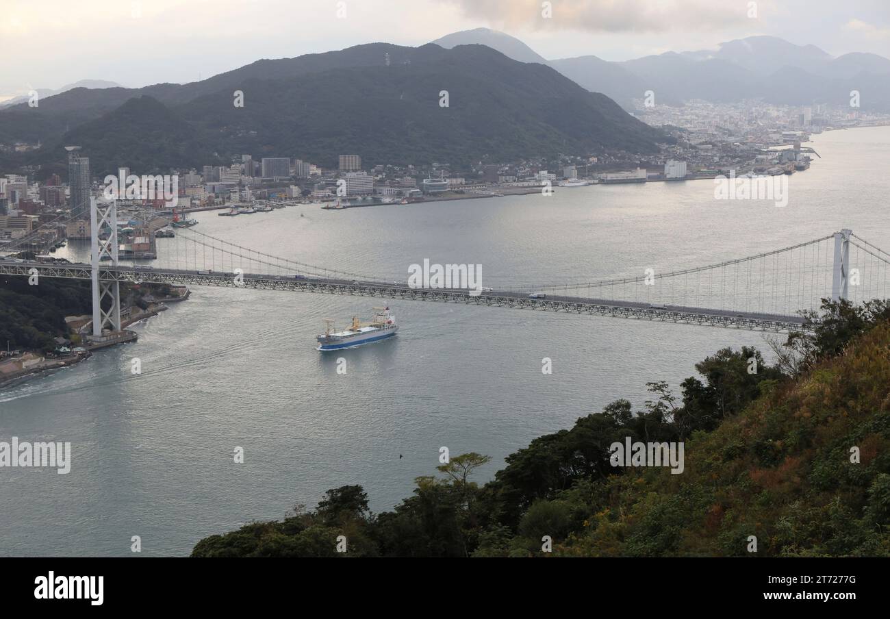 A photo shows Kanmon Bridge which connects Honshu (main island) and ...