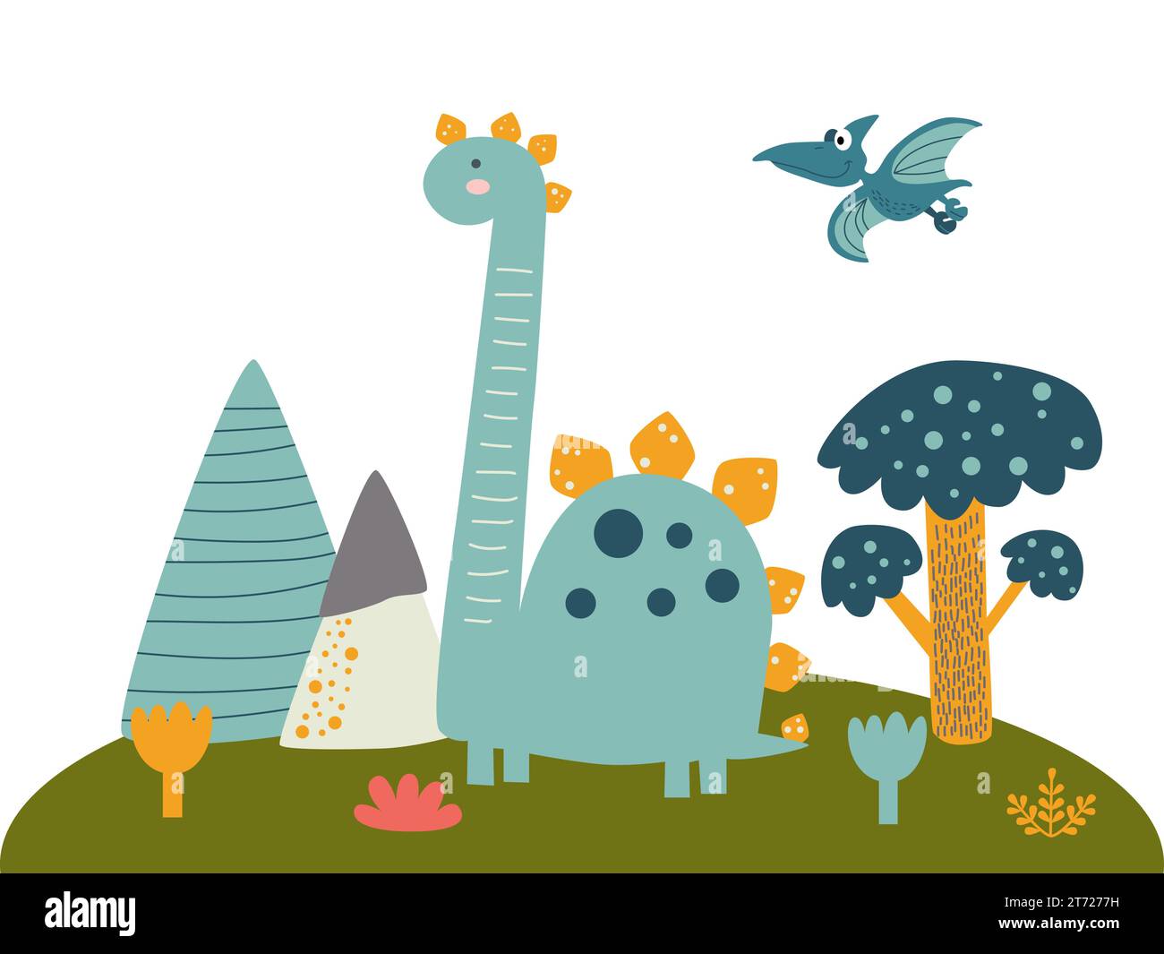 Set of cute baby jurassic dinosaurs, egg, leaf, volcano. Childish ...