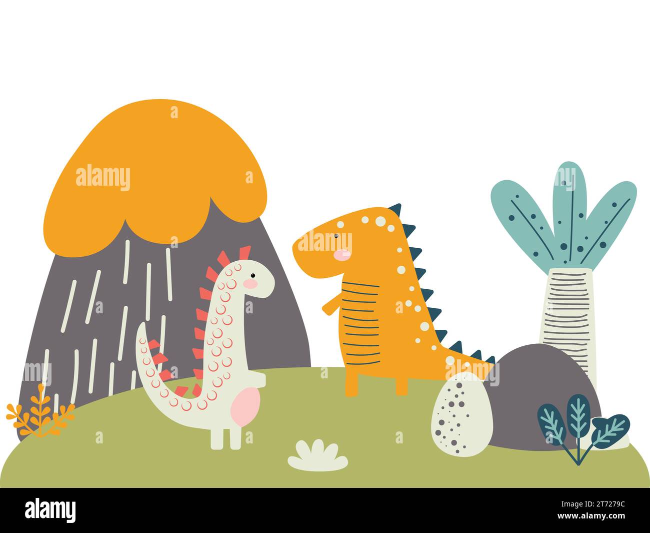 Set of cute baby jurassic dinosaurs, egg, leaf, volcano. Childish ...