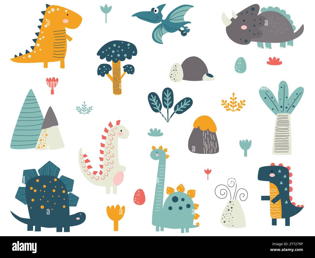 Set of cute baby jurassic dinosaurs, egg, leaf, volcano. Childish ...