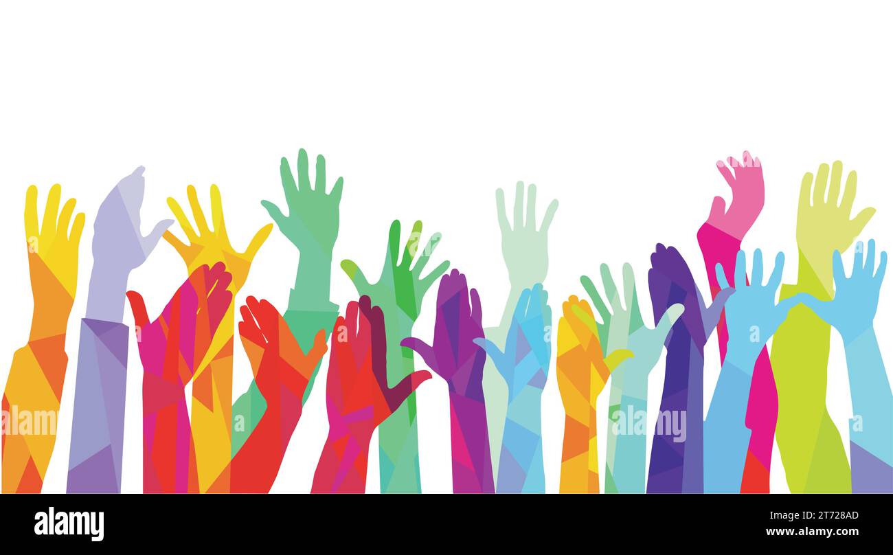 colored hands cheer and stretch upwards, illustration Stock Vector ...